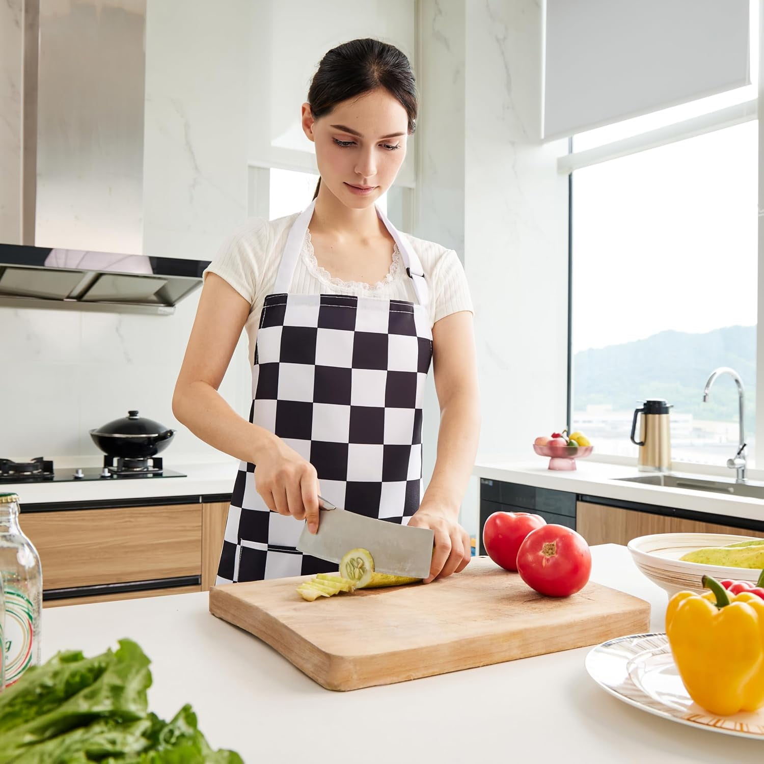 Chenran-2 Pack Checkered Kitchen Apron, Black White Checkerboard Aprons ...