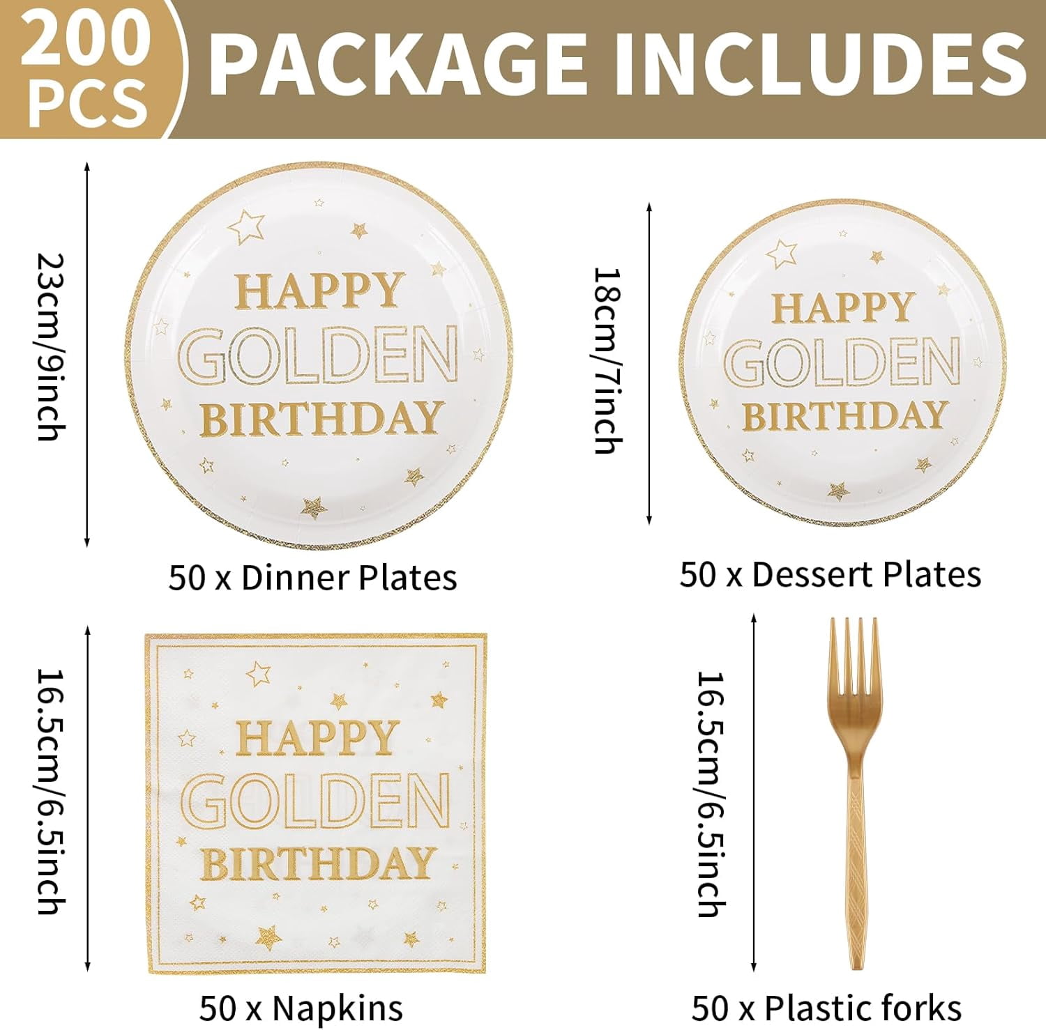 Chenran-200PCS Happy Golden Birthday Party Supplies Serve 50,Gold ...