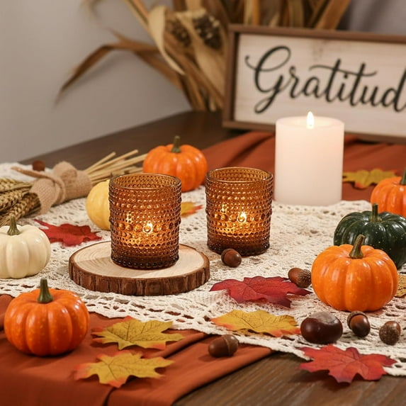 Chenran-24pcs Amber Votive Candle Holders for Thanksgiving Table Decor, 2x2.5in Vintage Glass ...