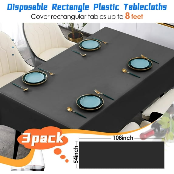 Chenran-3 Pack Black Plastic Tablecloth Disposable Rectangular Table Cloth 54 x 108 Inch Table ...