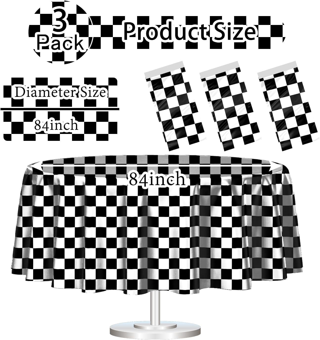 Chenran-3 Pack Black and White Round Checkered Tablecloth 84 ×84 ...