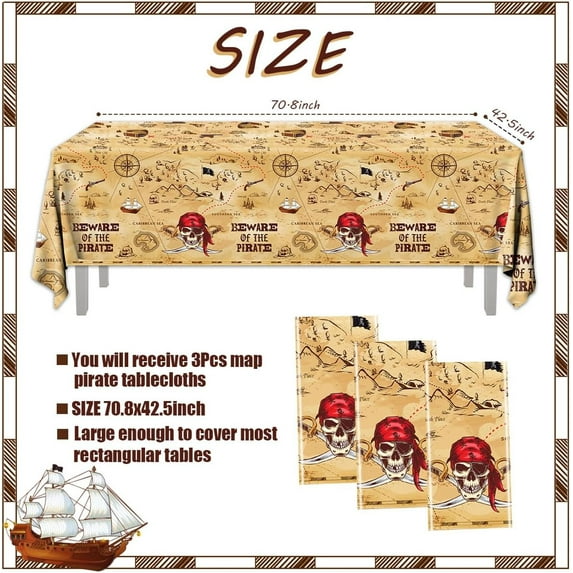 Chenran-3Pcs Pirate Tablecloth - Treasure Map Table Cover for Birthday ...