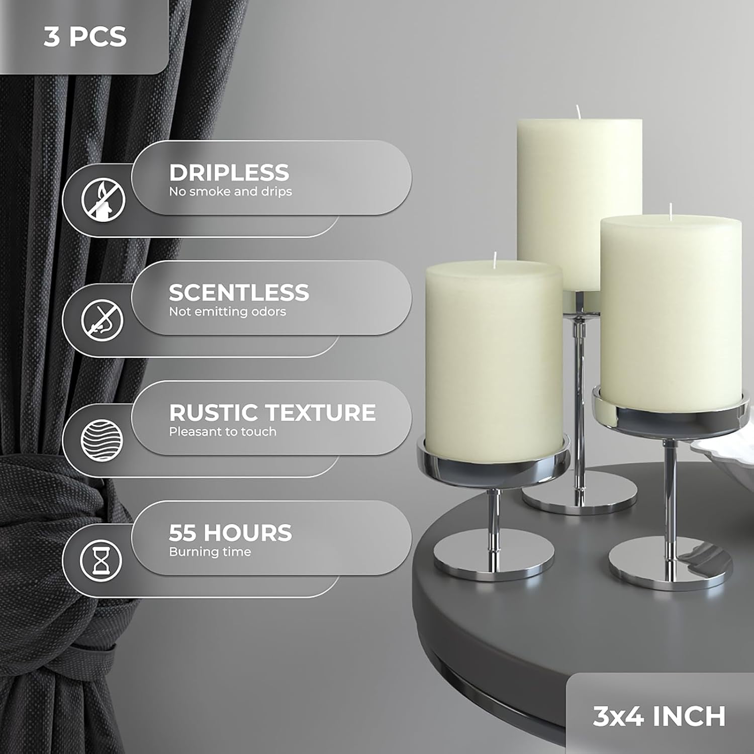 Chenran-3x4 inch Pillar Candles Set of 3 \u2013 Unscented Dripless ...