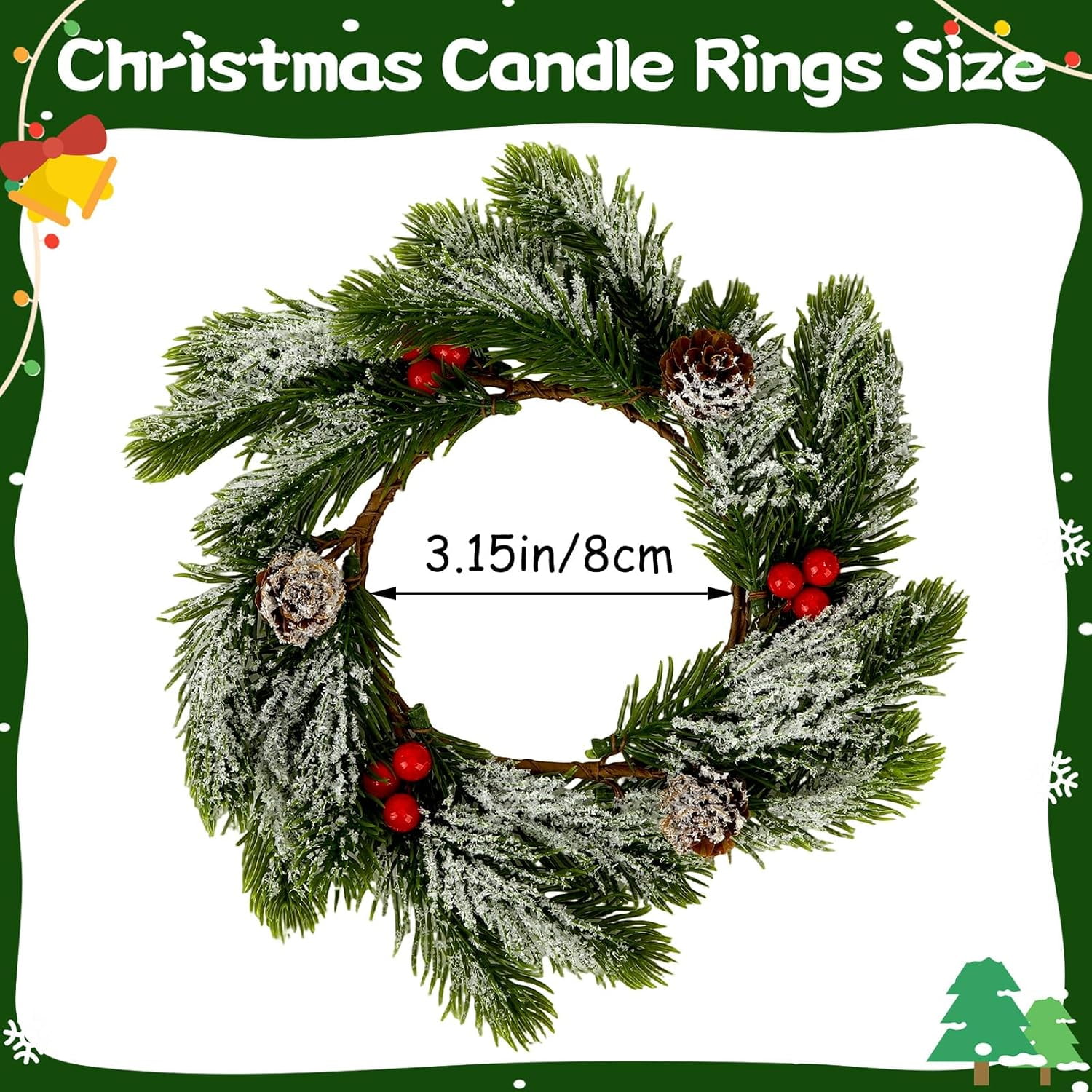 Chenran-4 Pcs Christmas Candle Rings Red Berries Pine Needles Mini ...