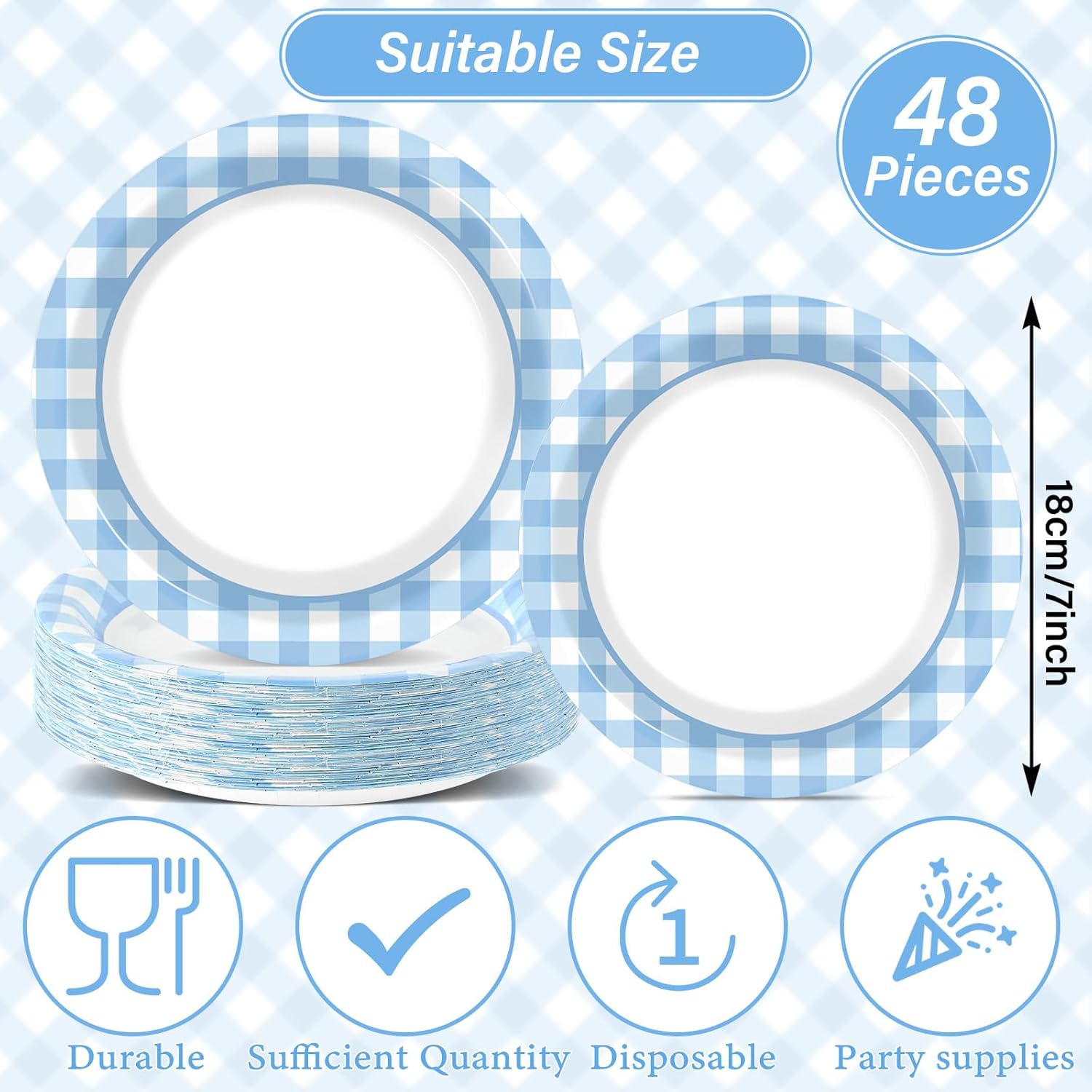 Chenran-48PCS Gingham Paper Plates 7" Blue and White Gingham Party ...