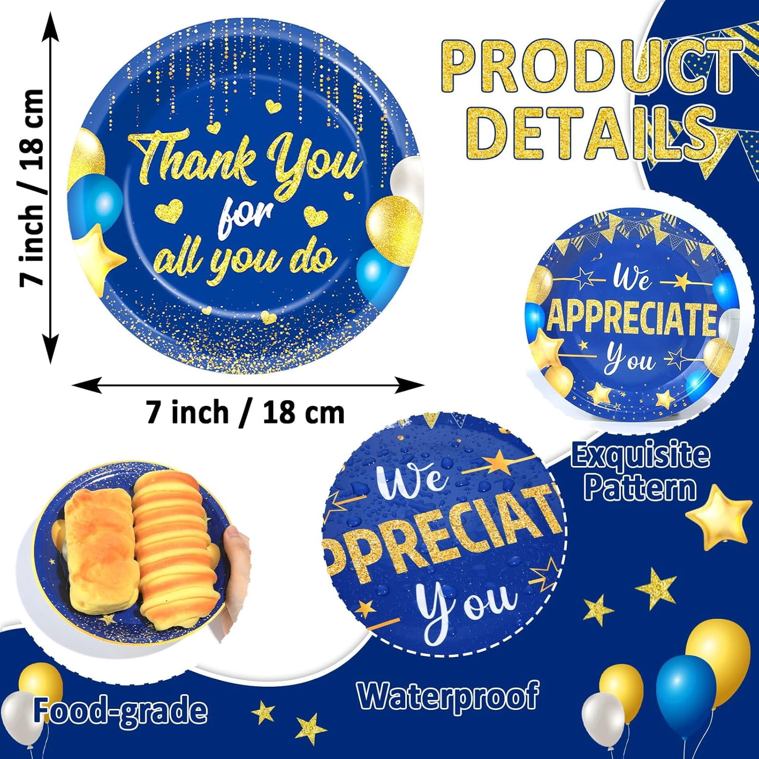 Chenran-48Pcs Blue Gold We Appreciate You Paper Plates Thank You Party ...