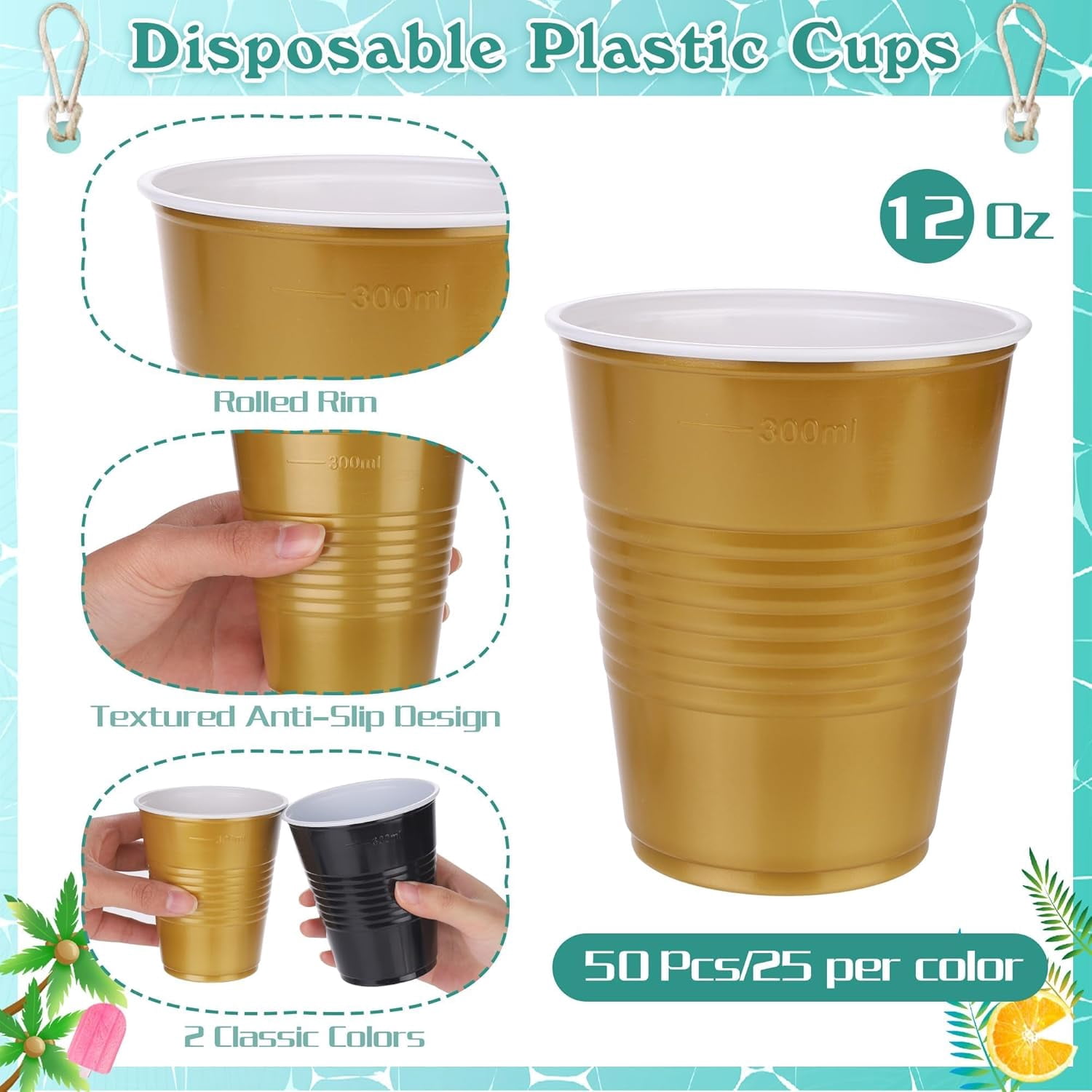 Chenran-50 Pack Black Gold Disposable Plastic Cups 12 Ounce Drinking ...