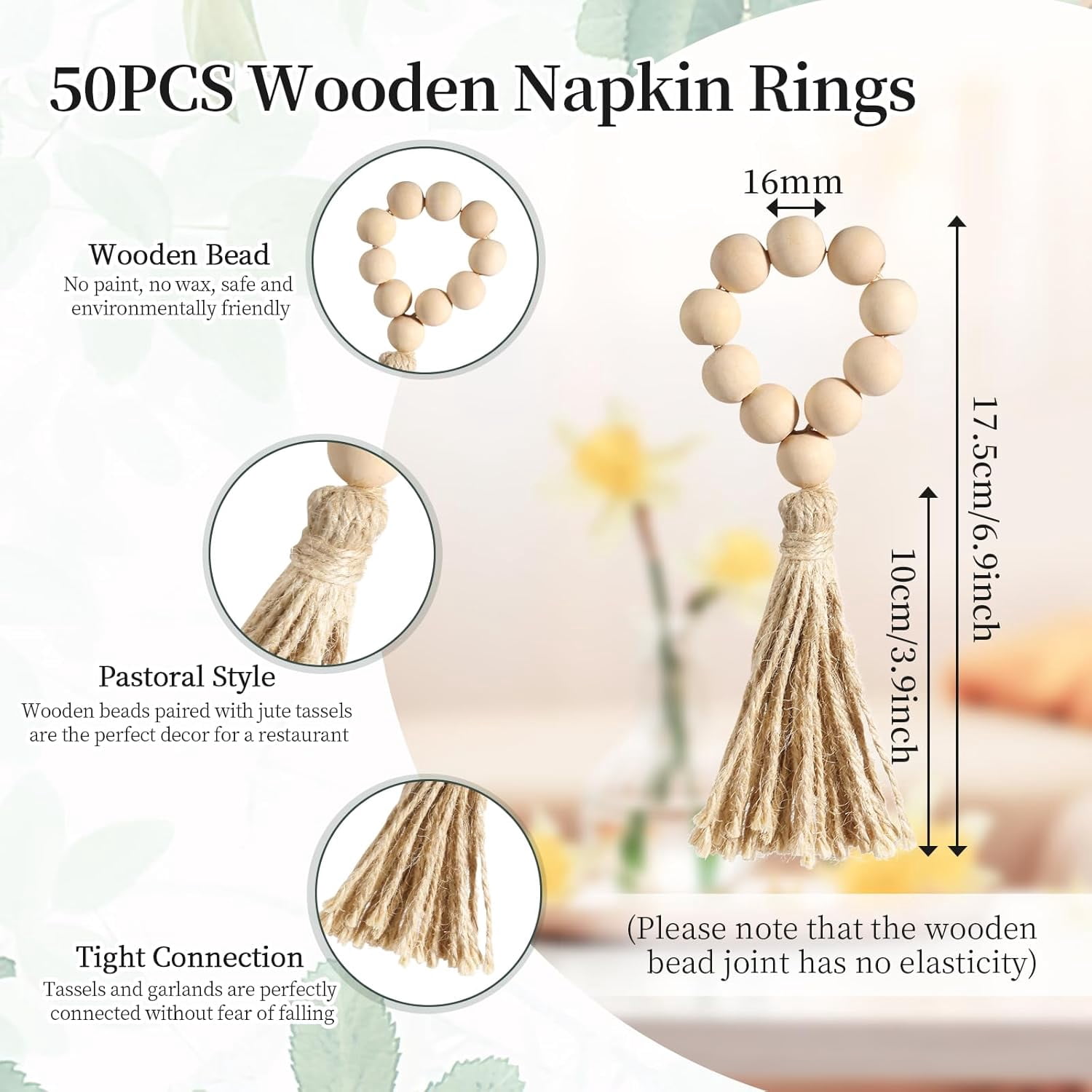 Chenran-50 Pack Farmhouse Rustic Napkin Rings with Tassel Wood Bead ...