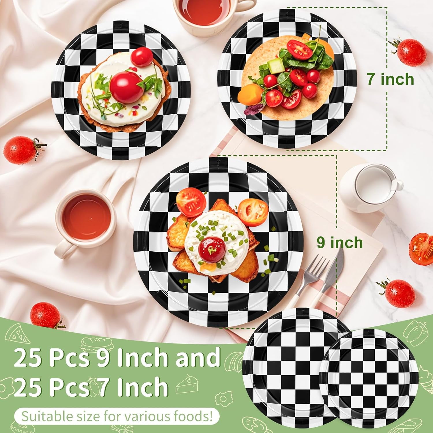 Chenran-50 Pcs Black and White Checkered Paper Plates, 25 Pcs 9 Inch ...