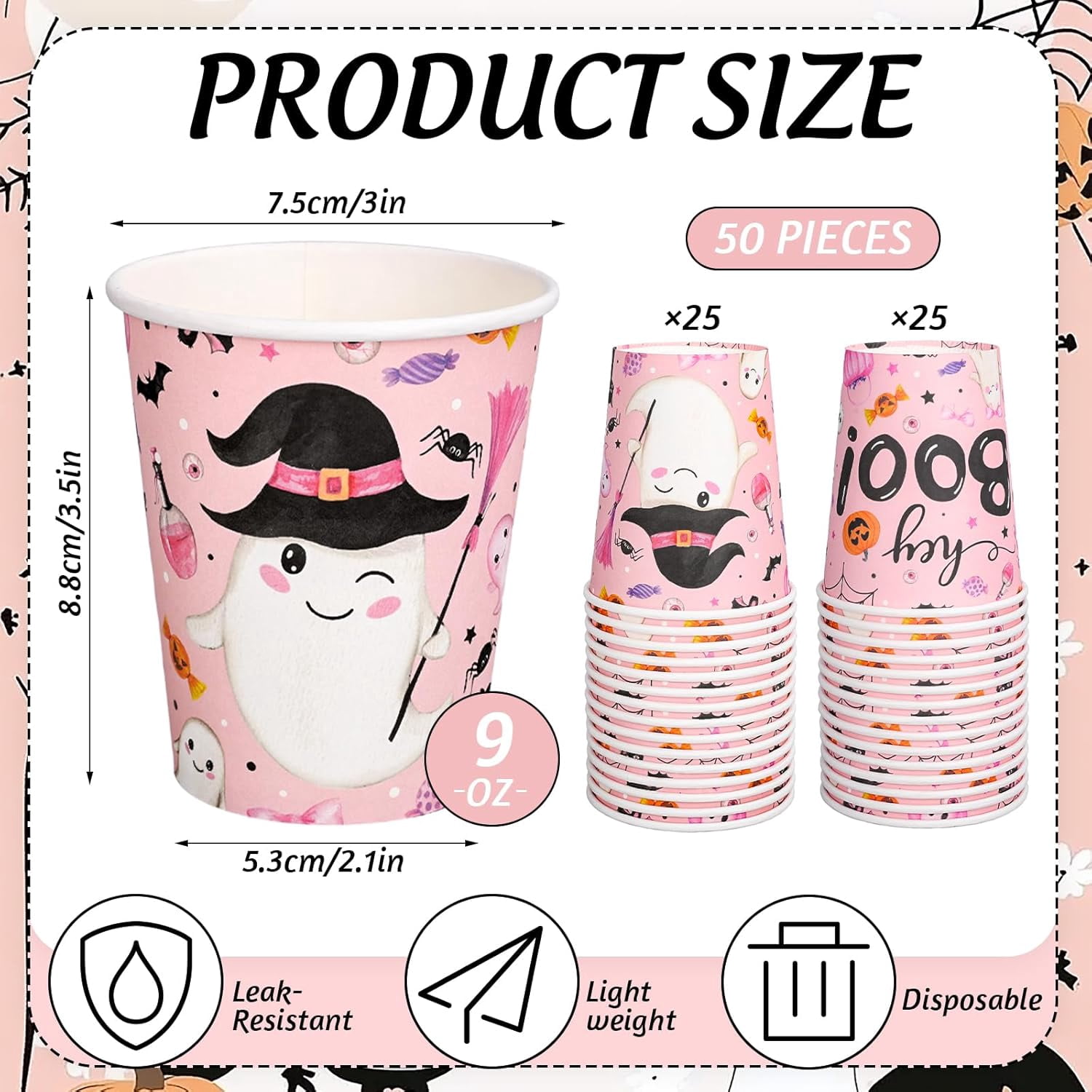 Chenran-50 Pcs Halloween Ghost Paper Cups Pink Cute Ghost Boo ...