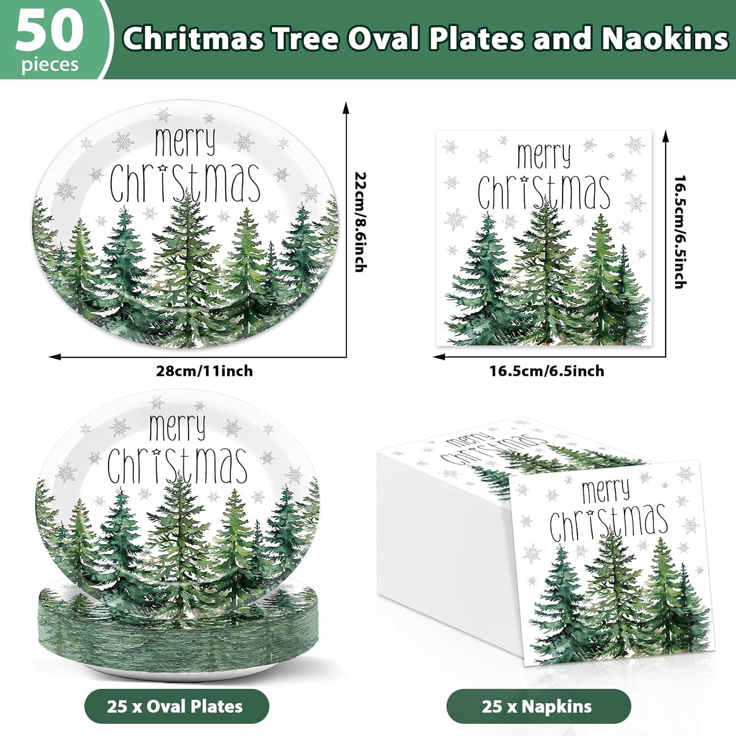 Chenran-50Pcs Christmas Tree Oval Paper Plates Napkins 11 Inch Merry ...