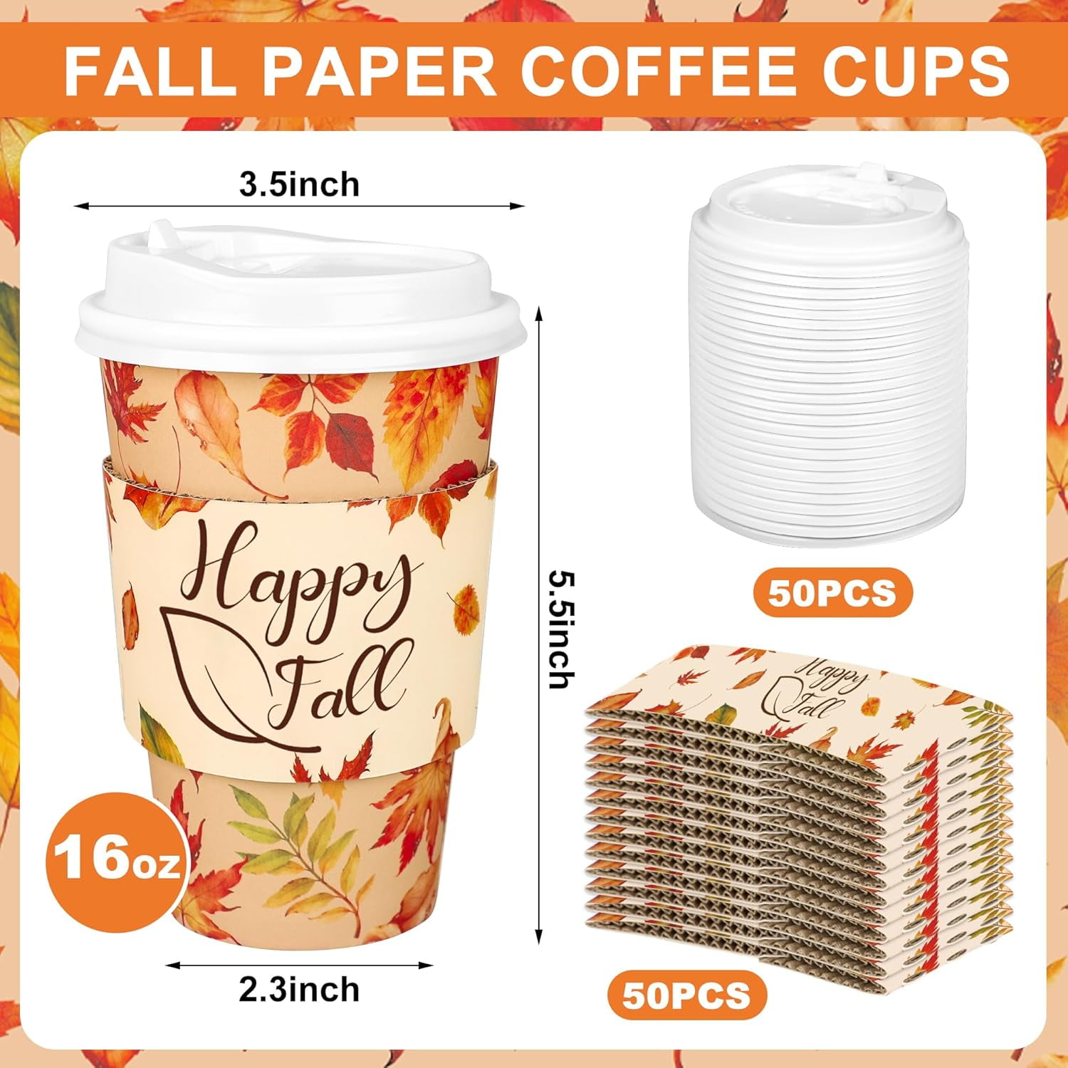 Chenran-50Pcs Fall Disposable Coffee Cups 16oz Maple Leaf To Go Paper ...