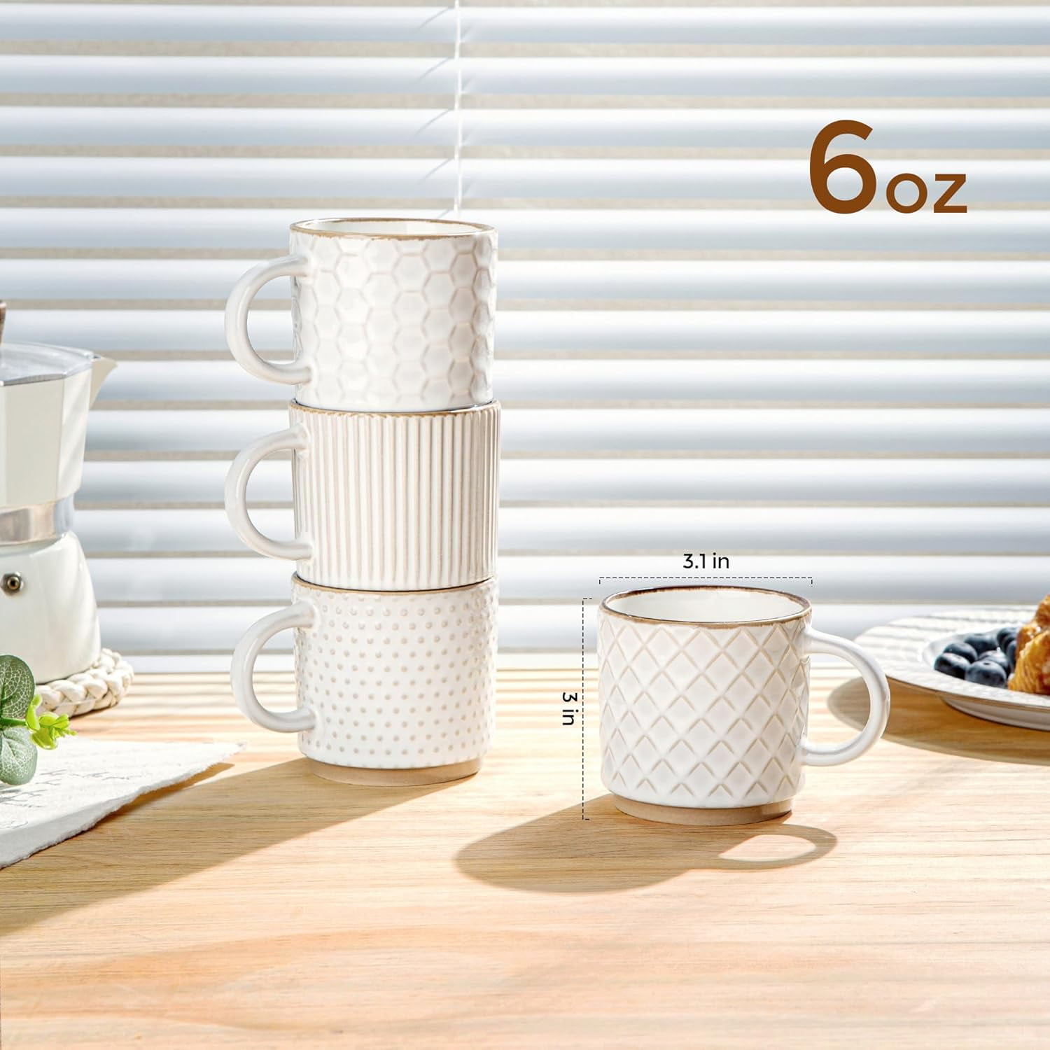 Chenran-6OZ Stackable Coffee Mugs, Ceramic Coffee Mugs with Texture ...