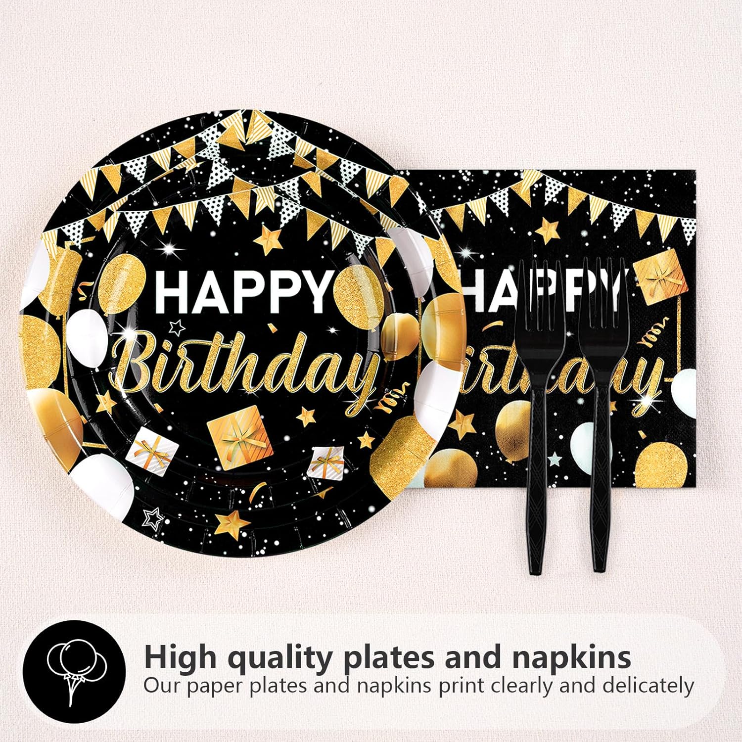 Chenran-96 Pcs Black and Gold Happy Birthday Party Supplies Black Gold ...