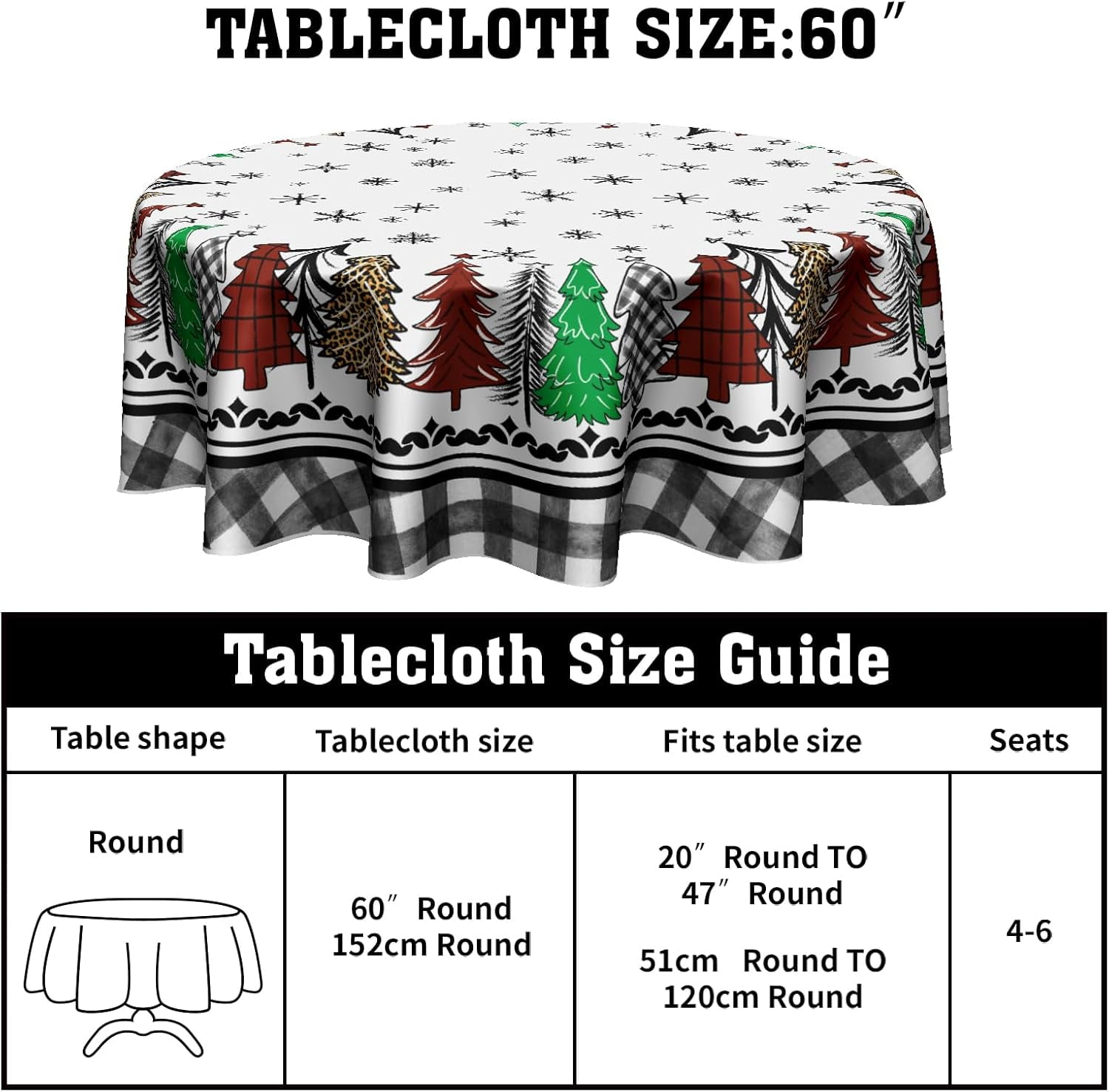 Chenran-Christmas Round Tablecloth 60 Inch Snowflake Xmas Trees Black ...