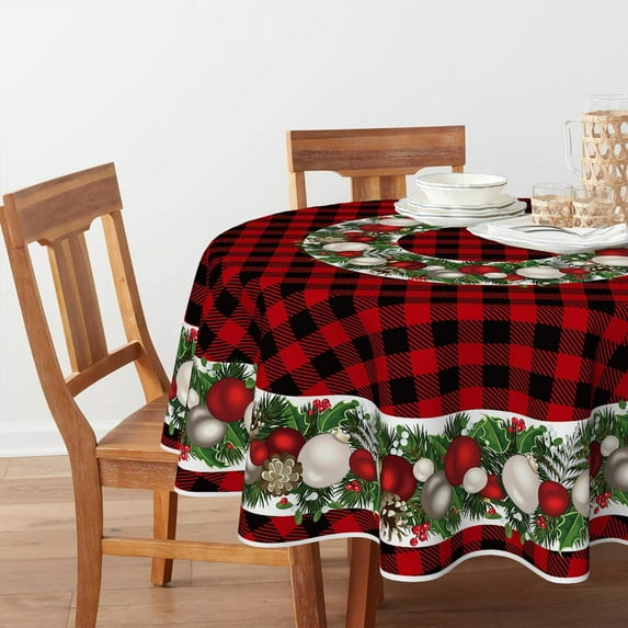 Chenran-Christmas Tablecloth 70×70 Inch Round, Christmas Ball Ornaments Red Bufalo Plaid ...
