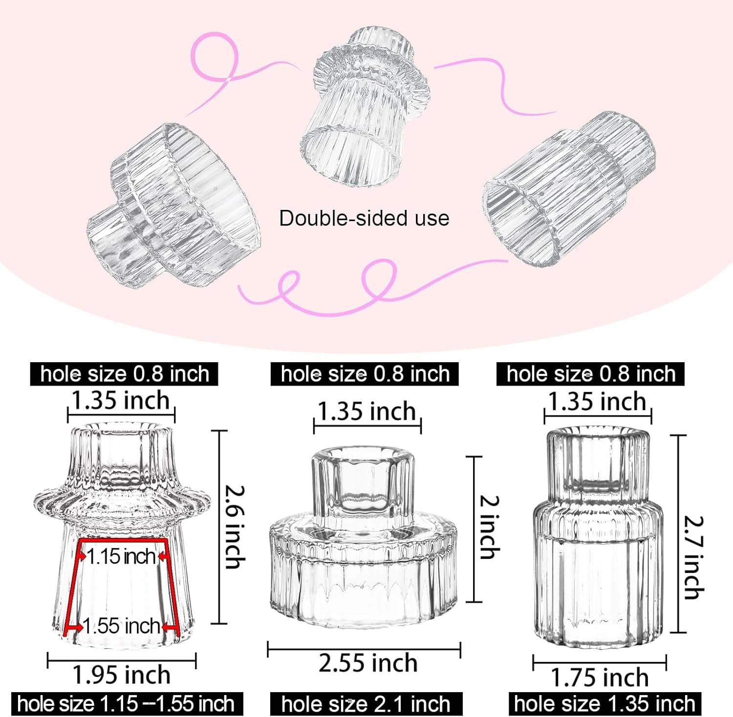 Chenran-Double Sided Vintage Ribbed Taper Glass Candle Holders,Tea ...