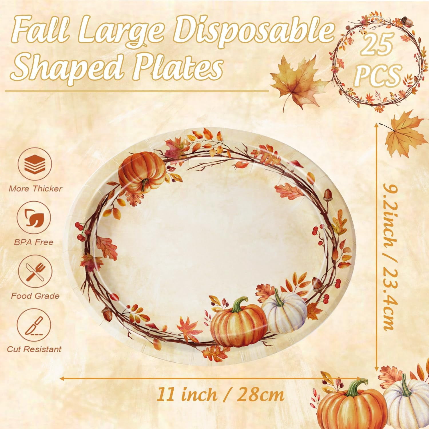 Chenran-Fall Oval Paper Plates Large 9" X 11" Watercolor Pumpkins ...