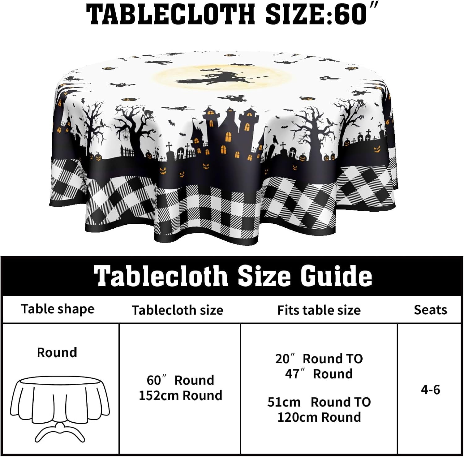Chenran-Halloween Tablecloth Round 60 Inch White and Black Castle Ghost ...