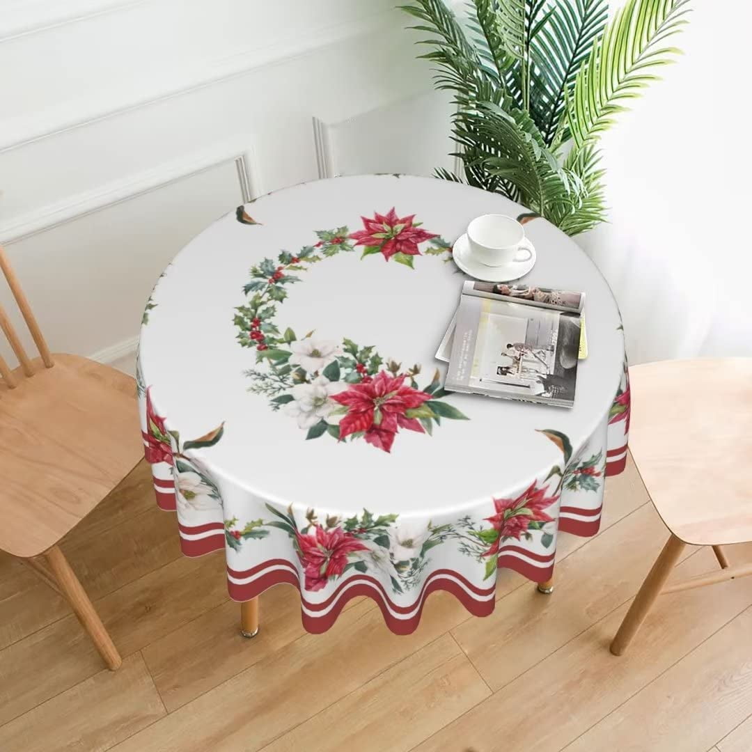 Chenran-Poinsettia Christmas Round Tablecloth 60 Inch, White and Red ...