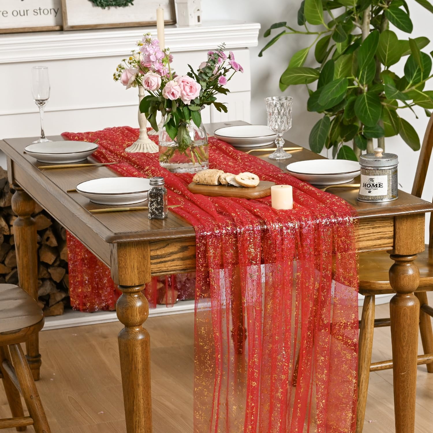 Chenran-Red Gold Gauze Tablecloth 60x84 Inch Rectangular, Red Sequin ...