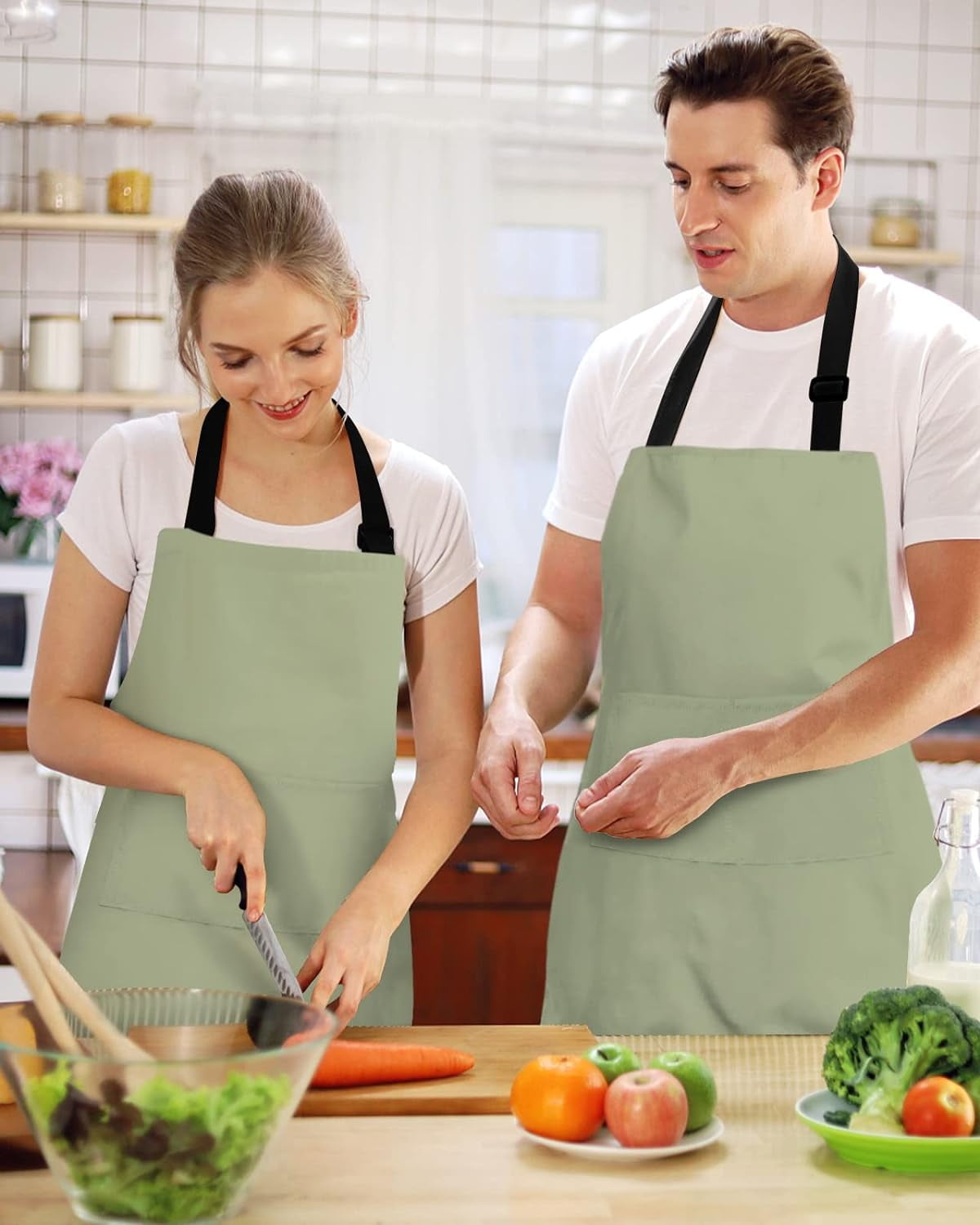 Chenran-Sage Green Kitchen Aprons with Pockets Waterproof, Farmhouse ...