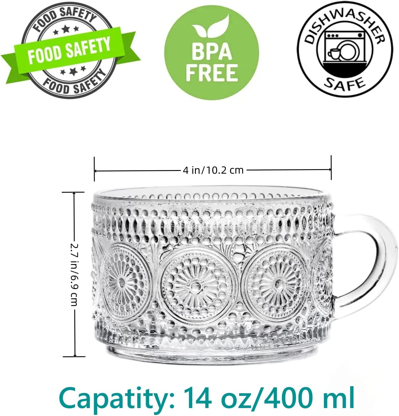 Chenran-Vintage Coffee Tea Cups, Glass Mugs 14 Oz Set of 2 Embossed ...