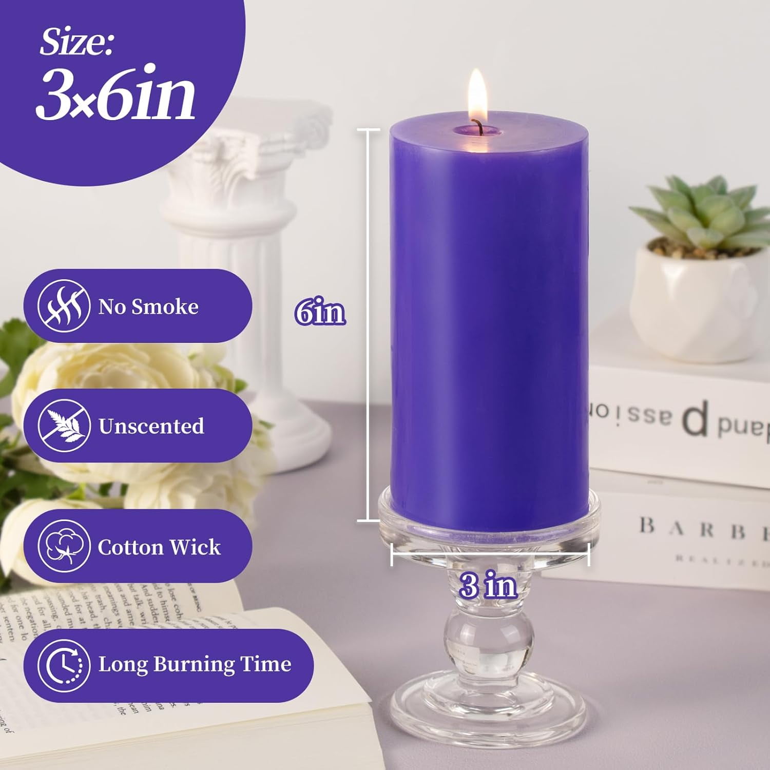 Chenran-Violet Pillar Candles Set of 3, 3"x 6" Unscented Pillar Candles ...