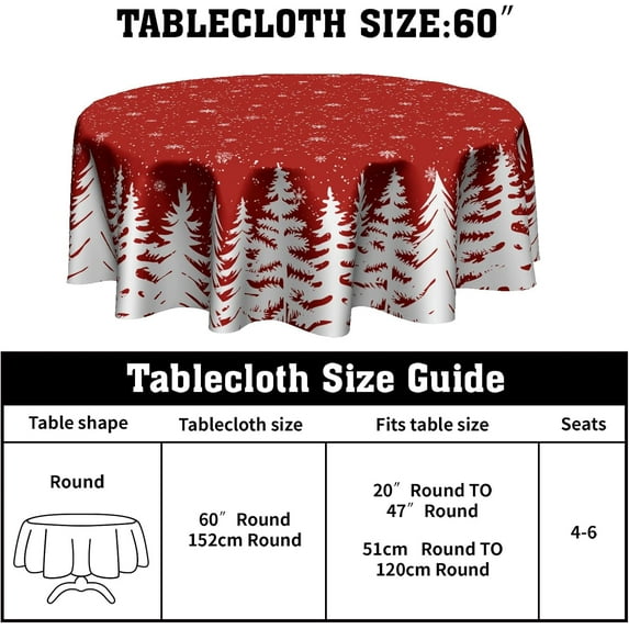Chenran-Xmas Round Tablecloth 60 Inch, Farmhouse Red White Pine Trees Snowflakes Festive ...