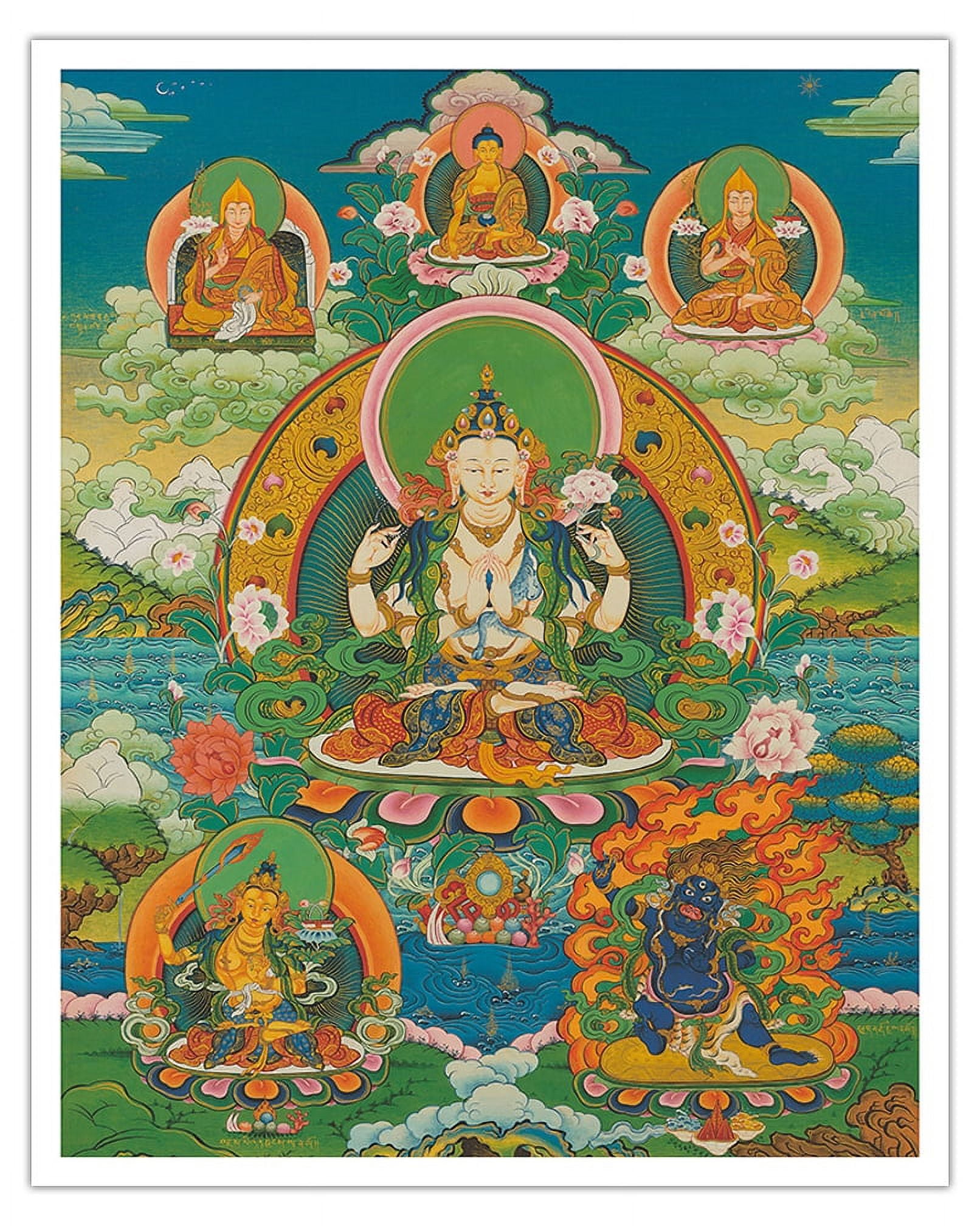 Chenrezig (Four Armed Avalokiteshvara) Deity - Vintage Tibetan Thangka ...