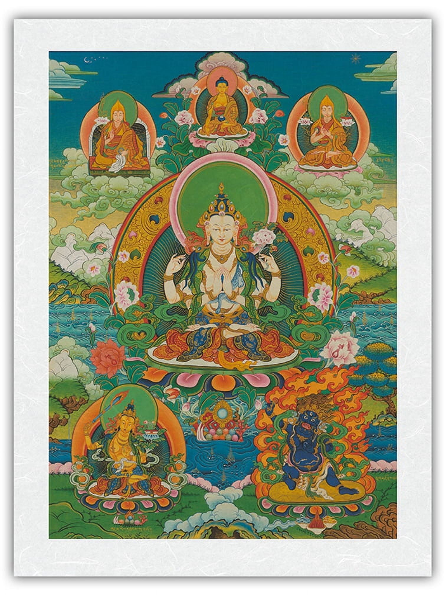Chenrezig (Four Armed Avalokiteshvara) Deity - Vintage Tibetan Thangka ...