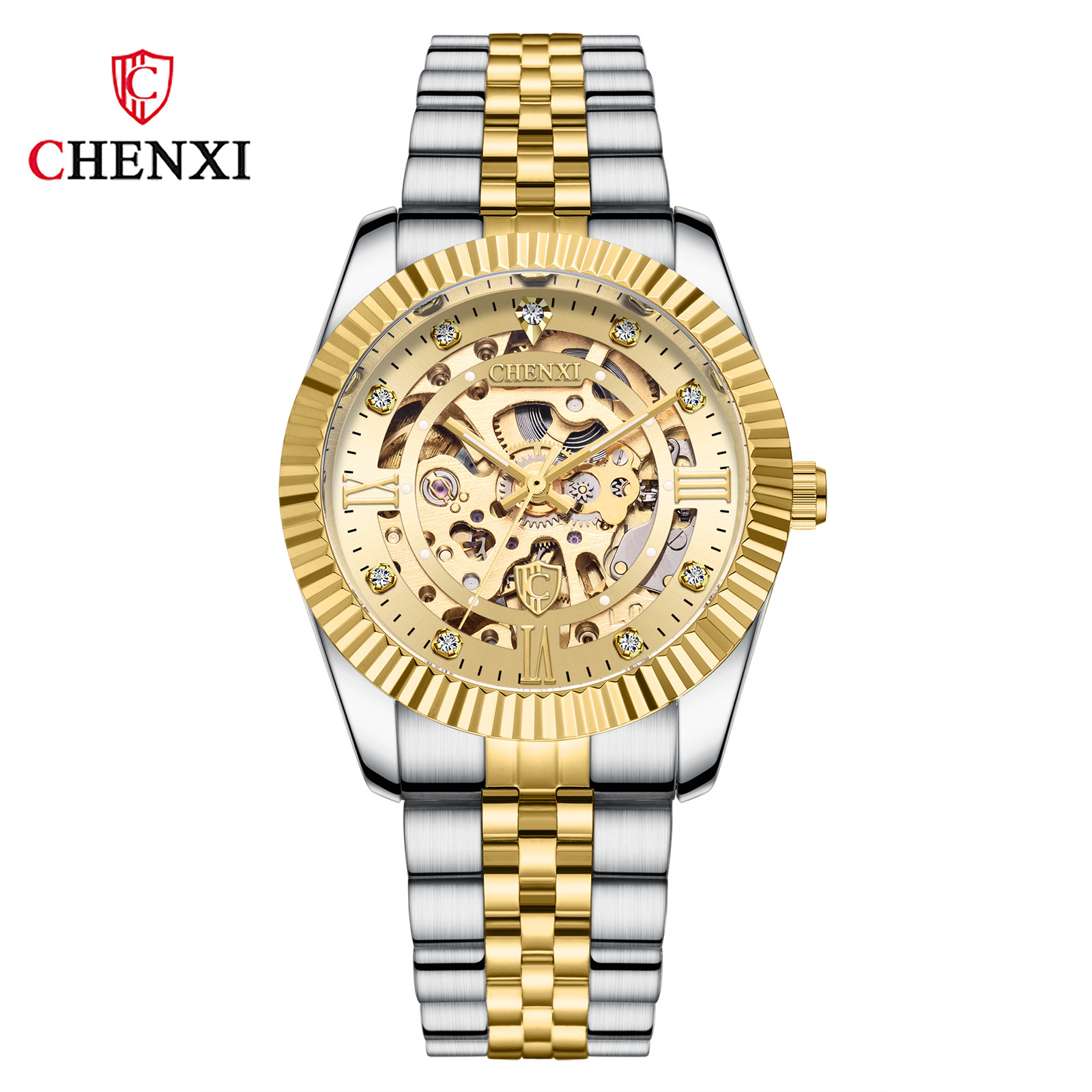Chenxi Automatic Mechanical Watch for Men, Gold Solid Steel Strap, Skeleton Dial with Diamonds ...