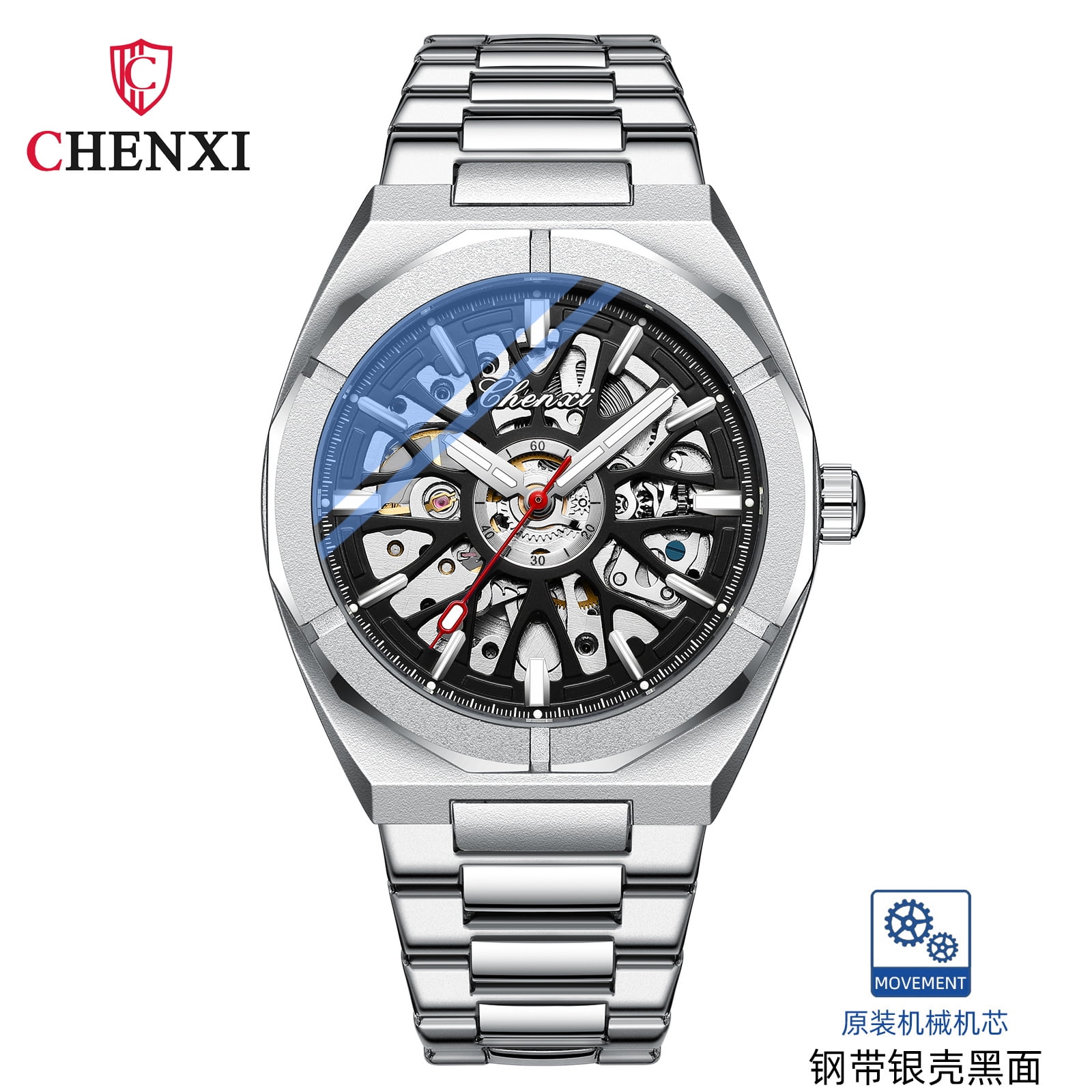 Chenxi hollow-through bottom automatic mechanical watch for men, night glow, waterproof men's ...