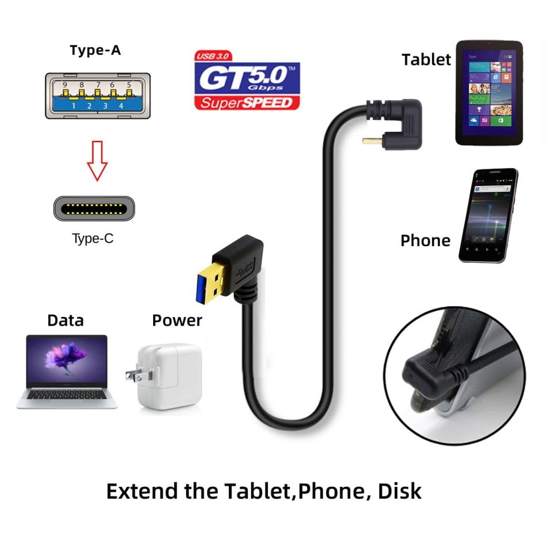 Chenyang Left Angled USB3.0 Type-A to Type C USB-C Male to Male Power ...