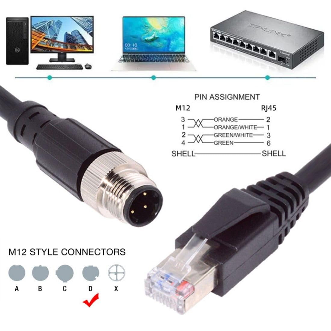 Chenyang M12 Type-D D-coded 4Pin Male to RJ45 Cat5e Male Cable Lan ...