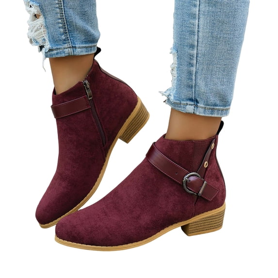 Chenyee Ankle Boots for Women Buckle Strap Stacked Low Heel Classic ...
