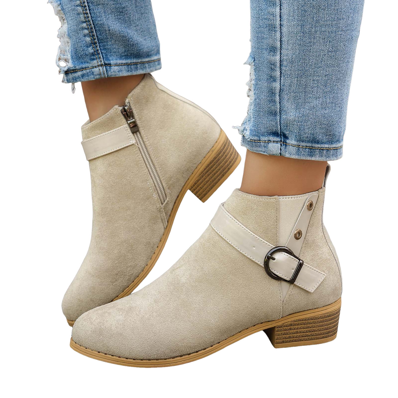 Chenyee Ankle Boots for Women Buckle Strap Stacked Low Heel Classic ...