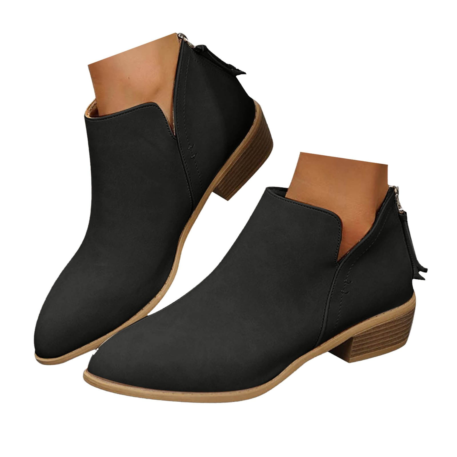 Chenyee Womens V Cutout Ankle Boots Pointed Toe Zip Up Stacked Low Heel ...