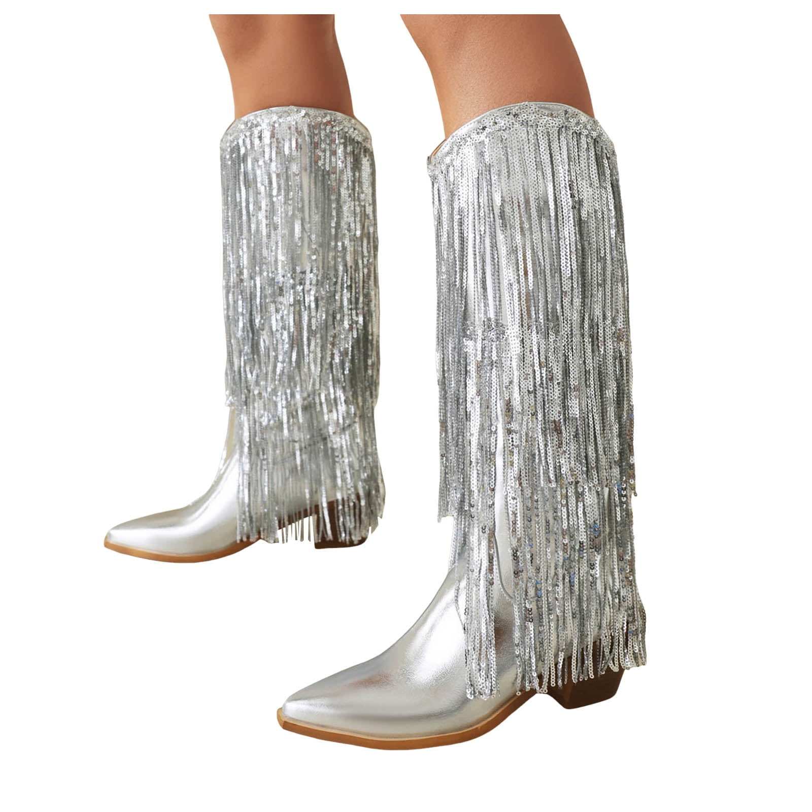 Chenyee Cowboy Boots For Women Low Heel Sparkly Tassels Pointed Toe ...