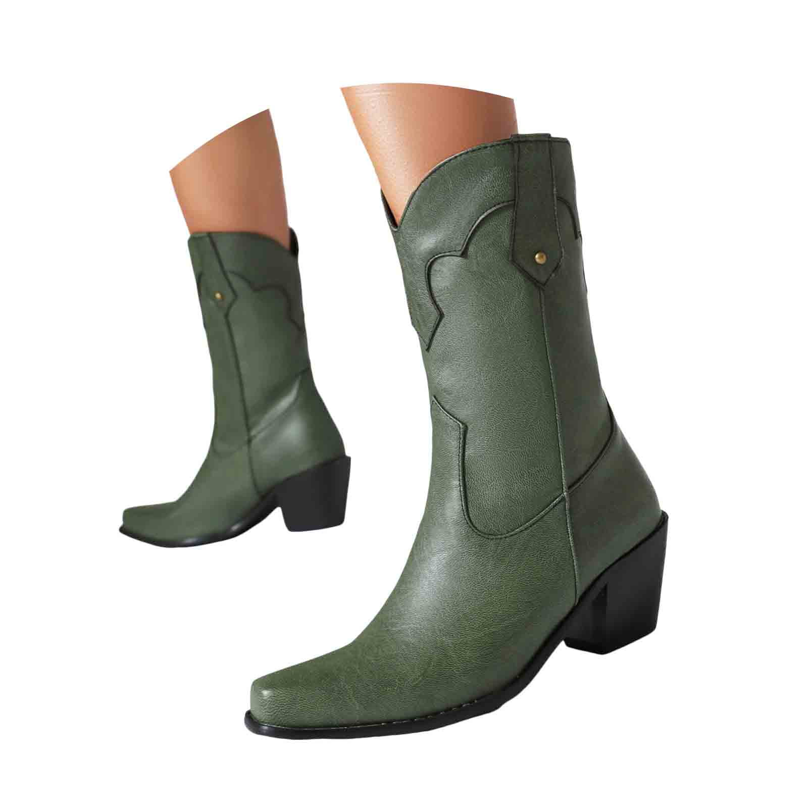 Chenyee Cowboy Boots for Women Comfortable Chunky Heel Square Toe Pull ...