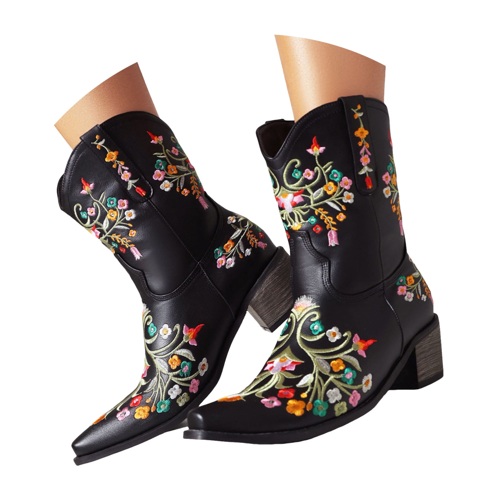Chenyee Cowboy Boots for Women Embroidered Chunky Low Heels Pull On ...