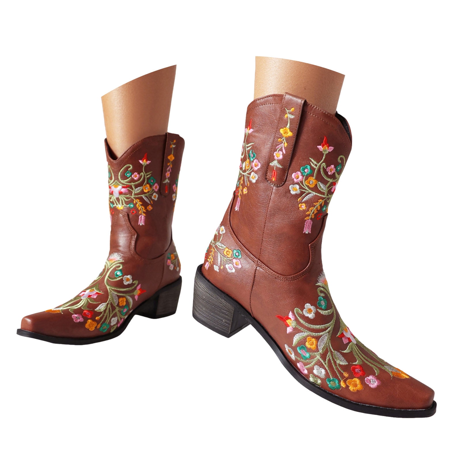 Chenyee Cowboy Boots for Women Embroidered Chunky Low Heels Pull On ...