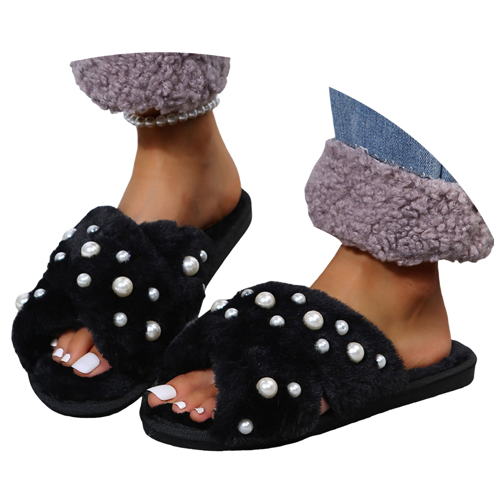 Chenyee Crossbands Plush Pearl Slippers for Women Open Toe House ...