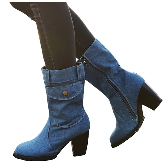 Chenyee Denim Ankle Boots for Women Chunky High Heel Jeans Mid Calf ...