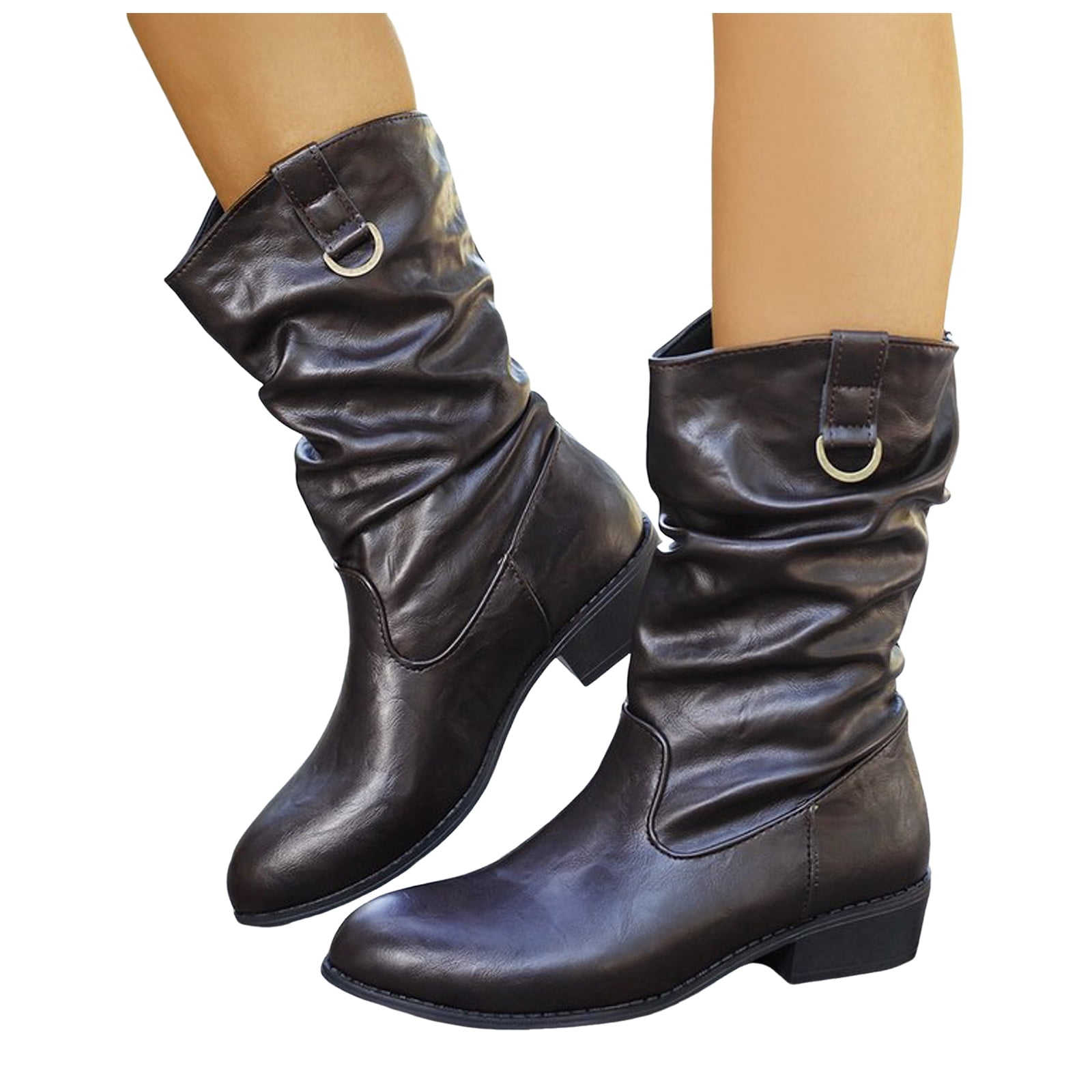 Chenyee Fashion Slouchy Mid Calf Boots for Women Comfortable Low Block ...