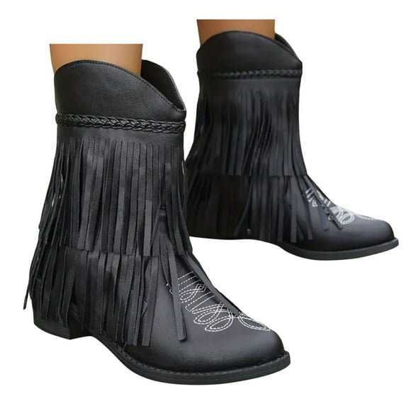Chenyee Fringe Cowboy Boots for Women Wide Calf Low Heel Pointed Toe ...