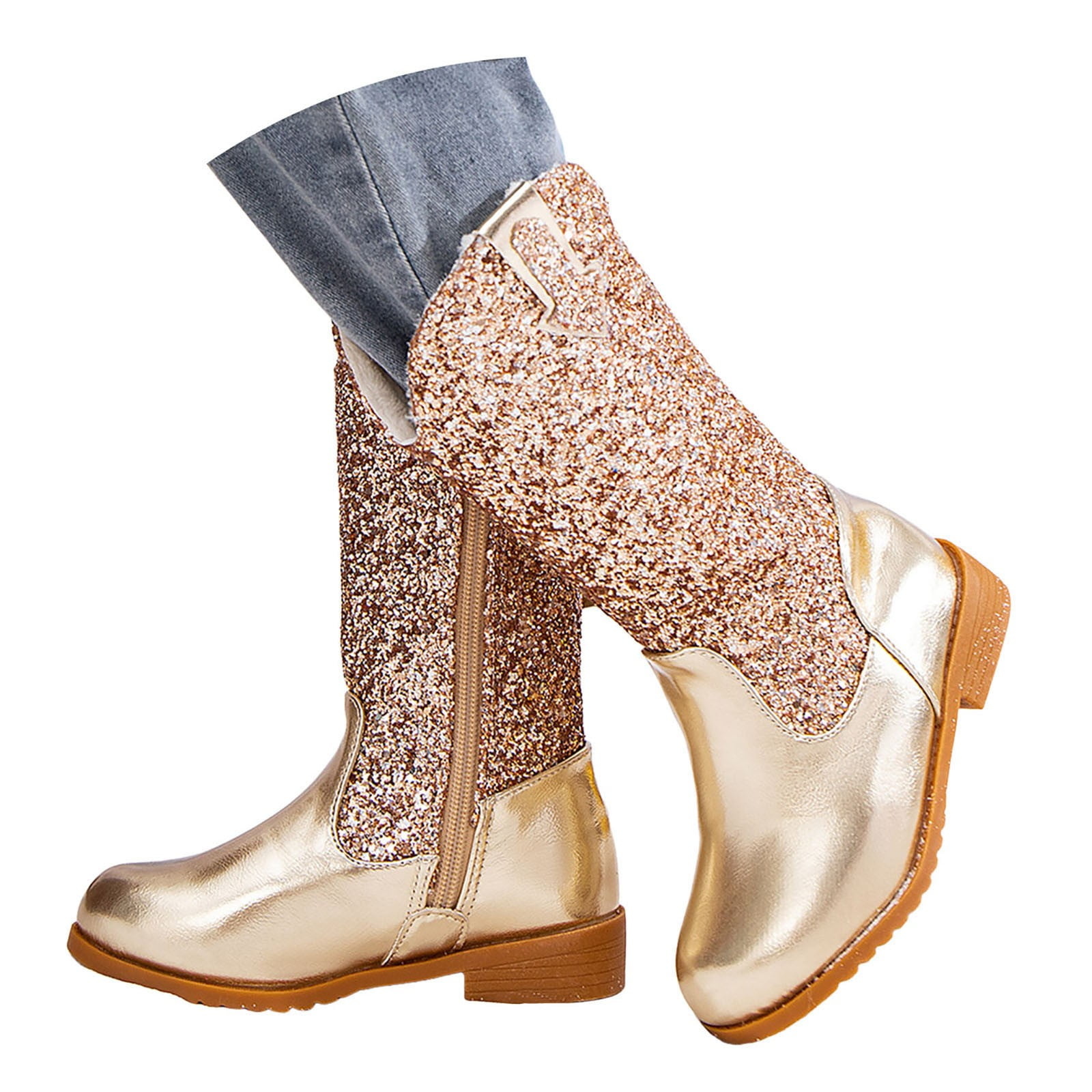 Chenyee Girls Cowboy Boots Glitter Fashion Western Block Low Heel Mid ...