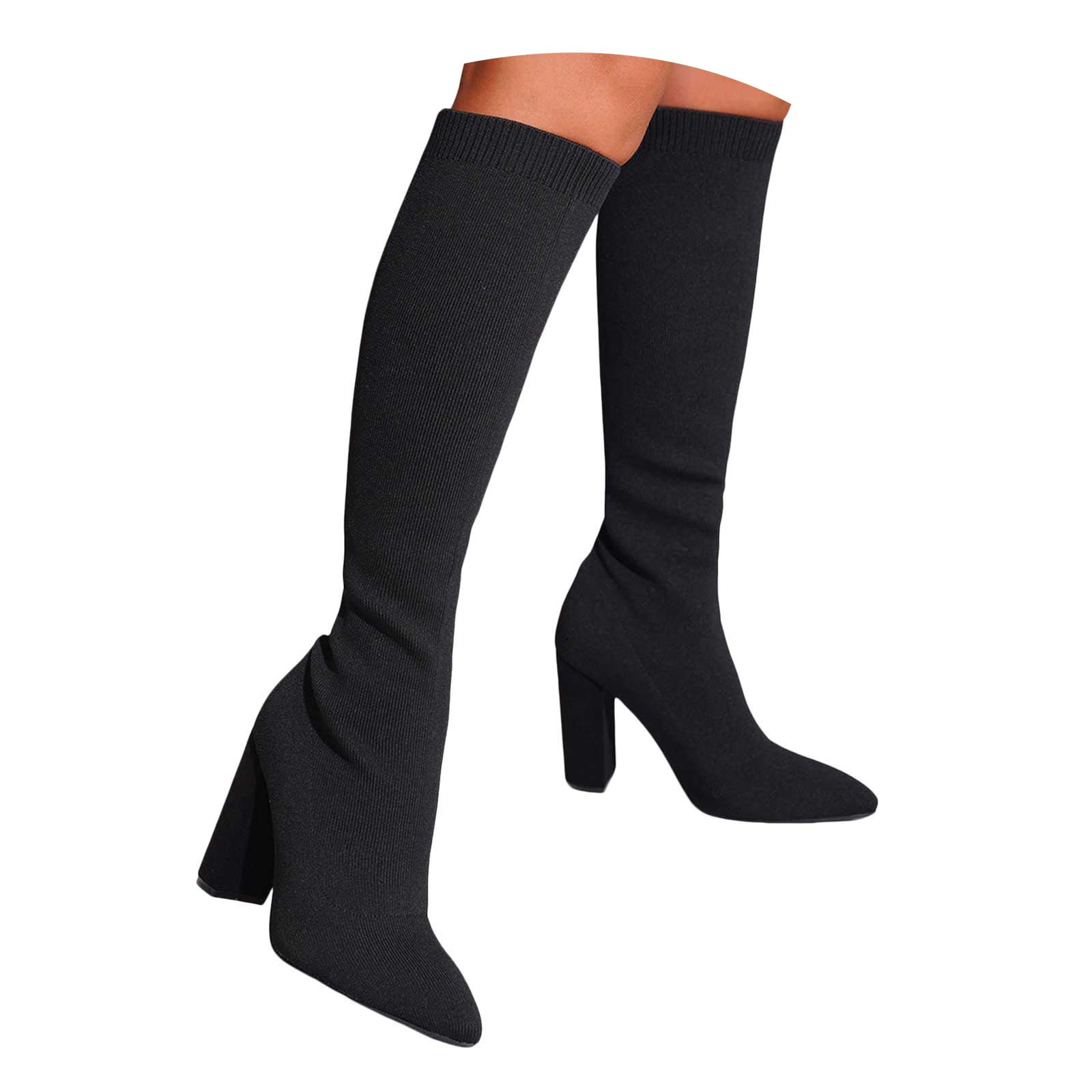 Chenyee Knee High Boots for Women Heel Pointed Toe Breathable Stretch ...