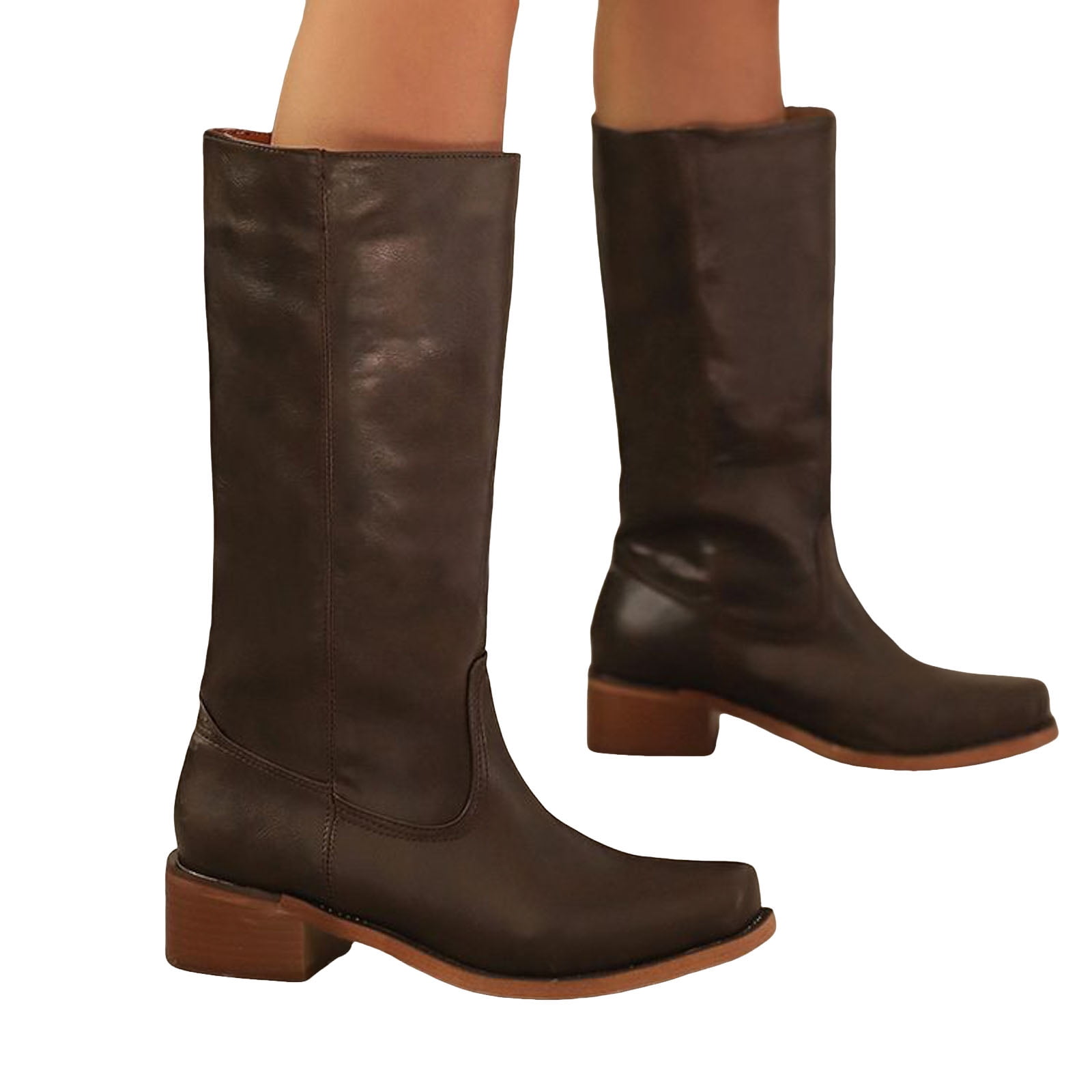 Chenyee Leather Knee High Boots for Women Wide Calf Fshion Square Toe ...