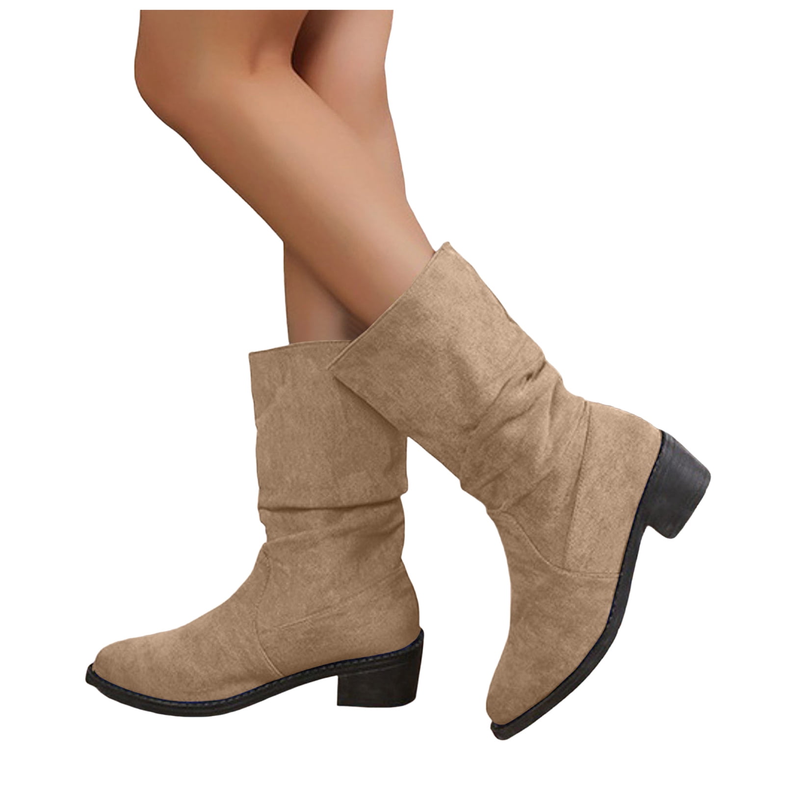 Chenyee Mid Calf Boots for Women Comfortable Low Block Heel Leather ...